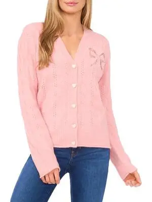 CECE DUPRAZ Pointelle Stitch Lace Bow Cardigan - Coral Blush