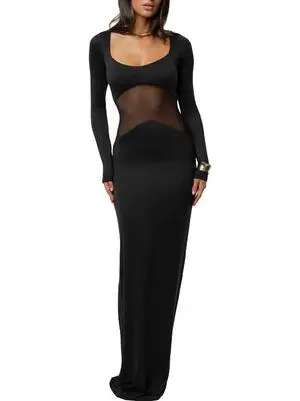 JLUXLABEL Long Sleeve Mesh Body-con Maxi Dress - Black