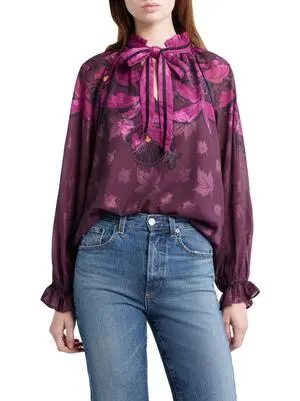 CIEBON Leaf Print Tie Neck Top - Burgundy Multi