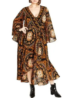 City Chic Paris Long Sleeve Faux Wrap Maxi Dress - Print
