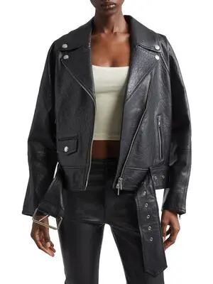 STAND STUDIO Romy Belted Leather Biker Jacket - Black