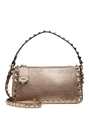 Valentino Garavani Small Rockstud Grained Metallic Leather Shoulder Bag - Rose
