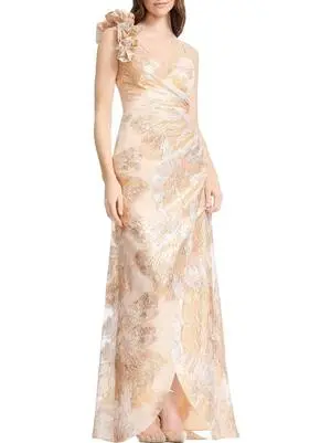 Dress The Population Metallic Jacquard Gown - Goldilver Multi