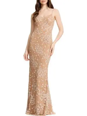 Dress The Population Beaded Floral Sheath Gown - Champagne Multi