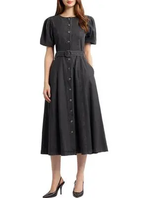 FREEMARKET Puff Sleeve Belted Cotton Blend Denim Shirt Dress - Black Denim