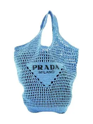 Prada Triangle Logo Raffia Bucket Bag - Blue