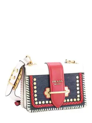 Prada Cahier Embellished Denim And Leather Crossbody Bag - Blue