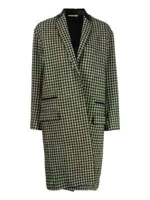 Celine Houndstooth Wool Midi Coat With Leather Lapel - Brown