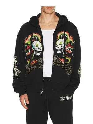 Ed Hardy Dragon Skulls Rhinestone Zip Hoodie - Black