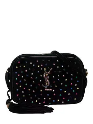 Saint Laurent 2018 Suede Crystal Monogram Lou Camera Crossbody Bag - Black
