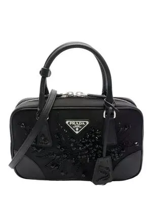 Prada 2020s Beaded Floral Appliqué Handbag - Black
