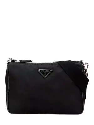 Prada Saffiano Trimmed Re-nylon Zip Top Crossbody Bag - Black