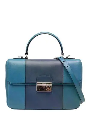 Prada Bicolor Saffiano Sound Lock Top Handle Satchel - Blue