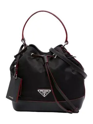 Prada Saffiano Trimmed Tessuto Bucket Bag Satchel - Black