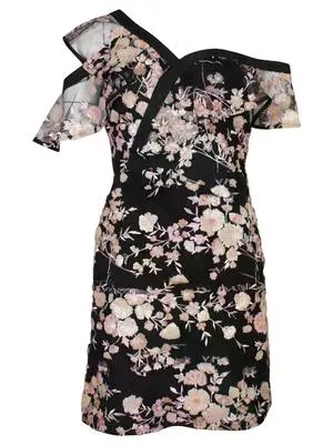 SELF-PORTRAIT Floral Embroidered Asymmetric-sleeve Mini Dress - Black