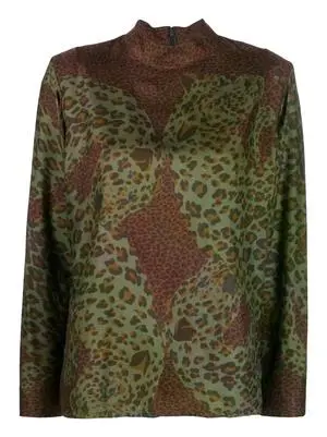 Saint Laurent 1980s Leopard Print Silk Blouse - Green