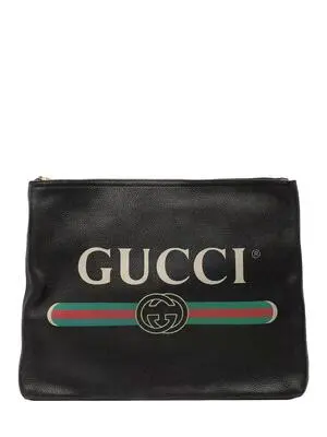 Gucci Medium Leather Logo Portfolio Clutch Bag - Black