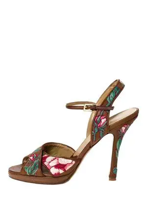 Valentino Garavani 115mm Floral-embroidered Leather Sandals - Brown