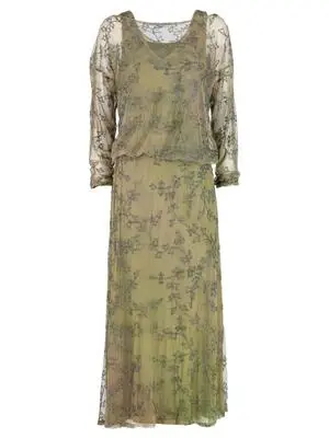 Vintage Floral-embroidered Dress - Green