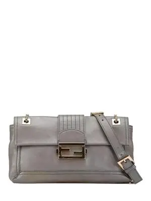 Fendi Glazed Leather Chain Flap Baguette Crossbody Bag - Grey