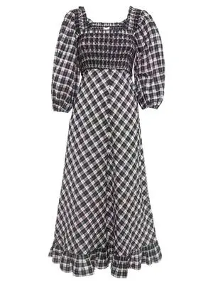 GANNI Smocked Plaid Midi Dress - Black