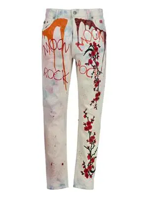 Palm Angels Flower-print Paint-splatter Art Jeans - Neutrals