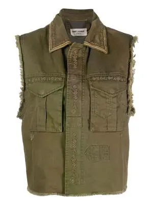 Saint Laurent Embroidered Frayed Gilet - Green