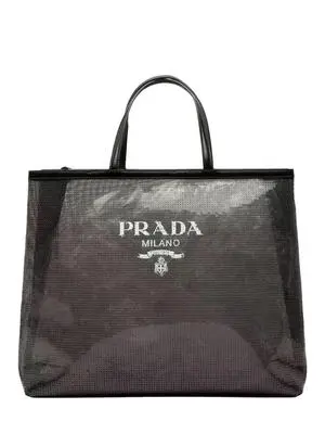 Prada Sequined Mesh Logo Tote Bag - Black