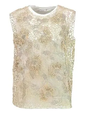 Brunello Cucinelli Floral-embroidered T-shirt - Neutrals