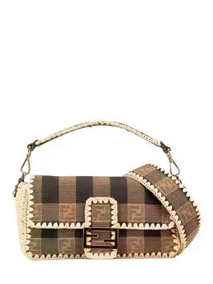 Fendi Pequin Gingham Canvas And Raffia Baguette Satchel - Brown
