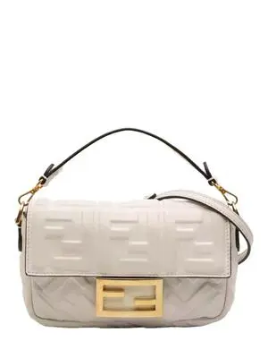 Fendi Mini Zucca Embossed Leather Baguette Satchel - White