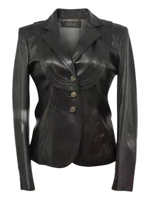 Gucci 550mm Button Front Leather Jacket - Black