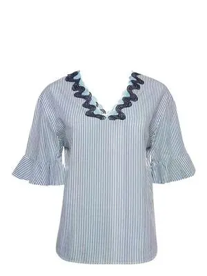 Sandro Striped Ruffle Blouse Top - Blue