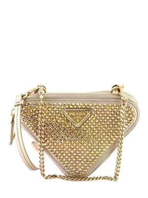Prada Triangle Double Pouch Crystal Embellished Satin Mini Crossbody Bag - Neutrals