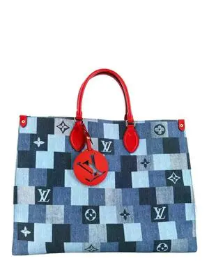 LOUIS VUITTON Onthego Damier And Monogram Patchwork Denim Gm Tote Bag - Blue