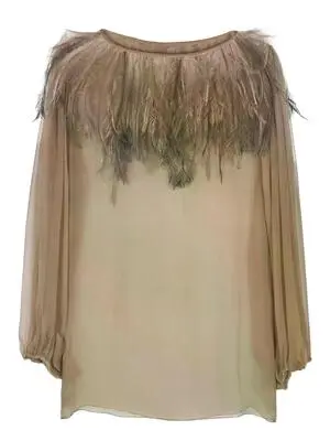 Dolce & Gabbana 2000s Feather-trim Silk Blouse - Brown