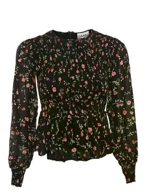 GANNI Floral Print Smocked Blouse - Black