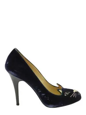 CHARLOTTE OLYMPIA 90mm Kitty Cat-embroidered Velvet Pumps - Blue