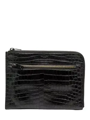 Saint Laurent 2017 Croc Embossed Leather Clutch Bag - Black