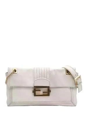 Fendi Leather Chain Baguette Crossbody Bag - White