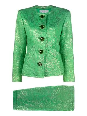Saint Laurent 1980s Collarless Jacquard Skirt Suit - Green