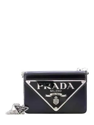 Prada Maxi Triangle Logo Chain Flap Bag Brushed Leather Small Crossbody Bag - Black