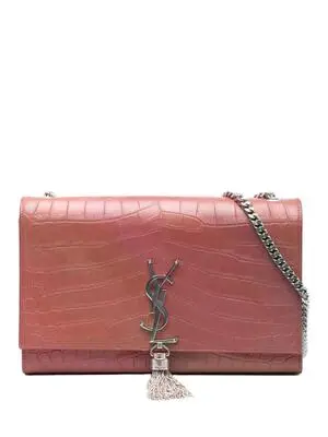Saint Laurent 2016 Medium Croc Embossed Leather Kate Tassel Crossbody Bag - Pink