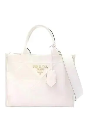 Prada 2010s Topstitching Symbol Leather Tote Bag - White