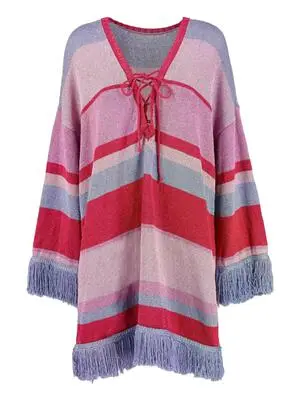 Vintage Striped Fringed Blouse - Red