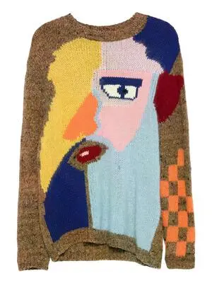 WALTER VAN BEIRENDONCK Knitted Face Graphic Sweater - Brown