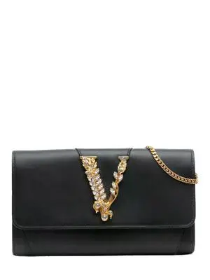 Versace Leather Crystal Virtus Chain Crossbody Bag - Black