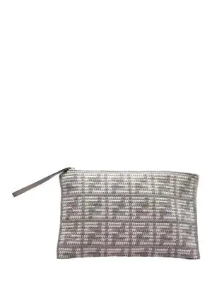 Fendi Large Woven Fabric And Calfskin Flat Pouch - Grey