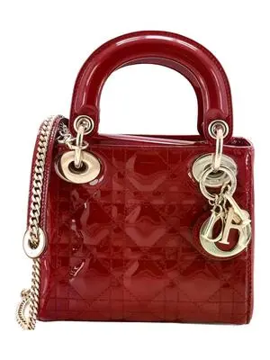 Dior Lady Dior Cannage Quilt Patent Mini Satchel Chain Bag Red