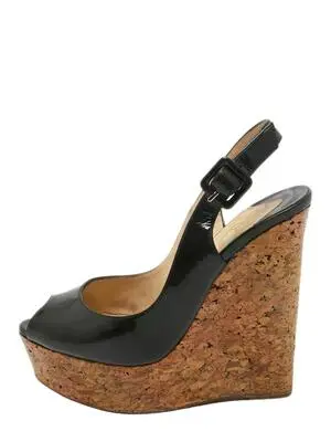 CHRISTIAN LOUBOUTIN Patent Leather Cork Wedge Sandals - Black
